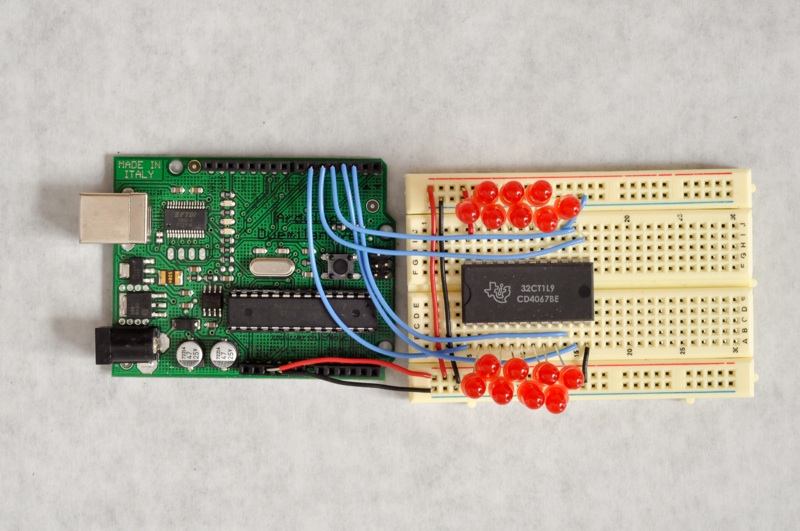 CD4067 Multiplexer used to control LEDs – code, circuits, & construction