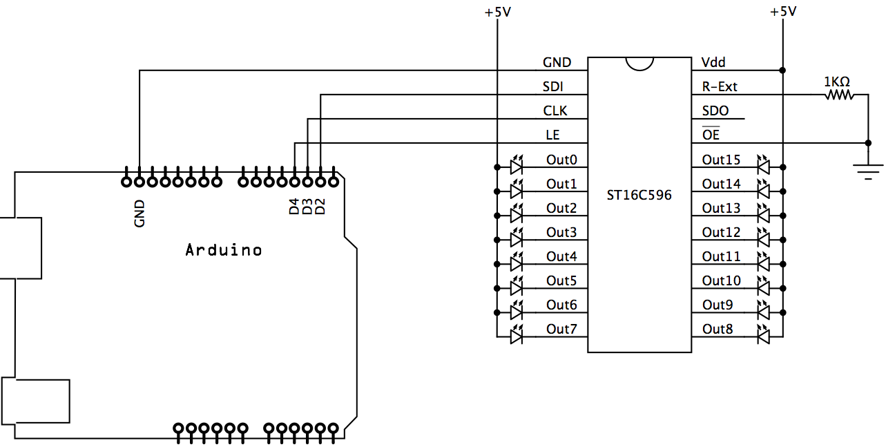 STP16C596 Shift Register – code, circuits, & construction